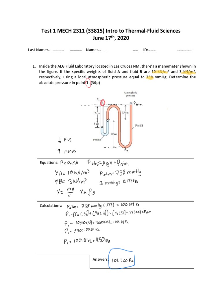 Test 1 SUMMER 2019 MECH 2311 | PDF | Science & Mathematics