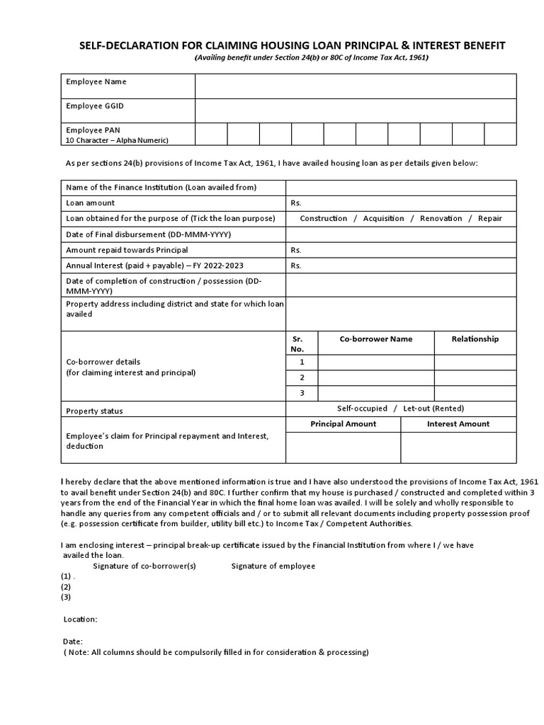 Declaration For Housing Loan | Download Free PDF | Loans | Taxes