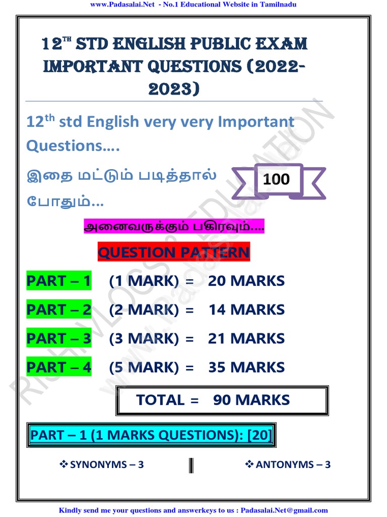 12th English Important Questions To Public Exam English Medium PDF ...