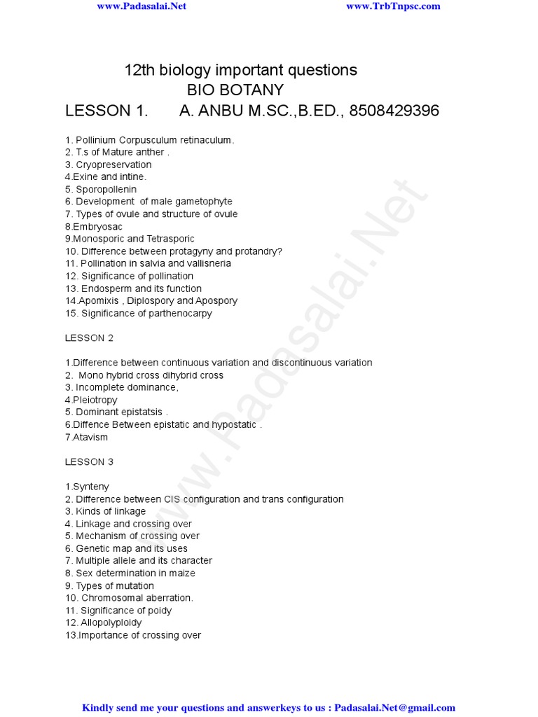 12th Bio Botany EM Important Questions English Medium PDF Download ...