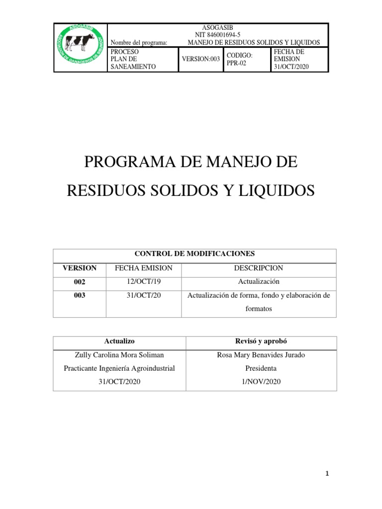 PD-PPR02 Programa de Manejo de Residuos Solidos y Liquidos | Descargar gratis PDF | Residuos ...
