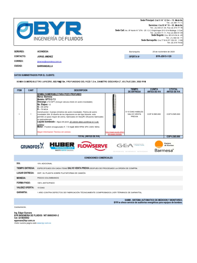 Byr-Jd015-1120 Acondesa 2020-11-25 Oferta Bba Sumergible para Pozo ...