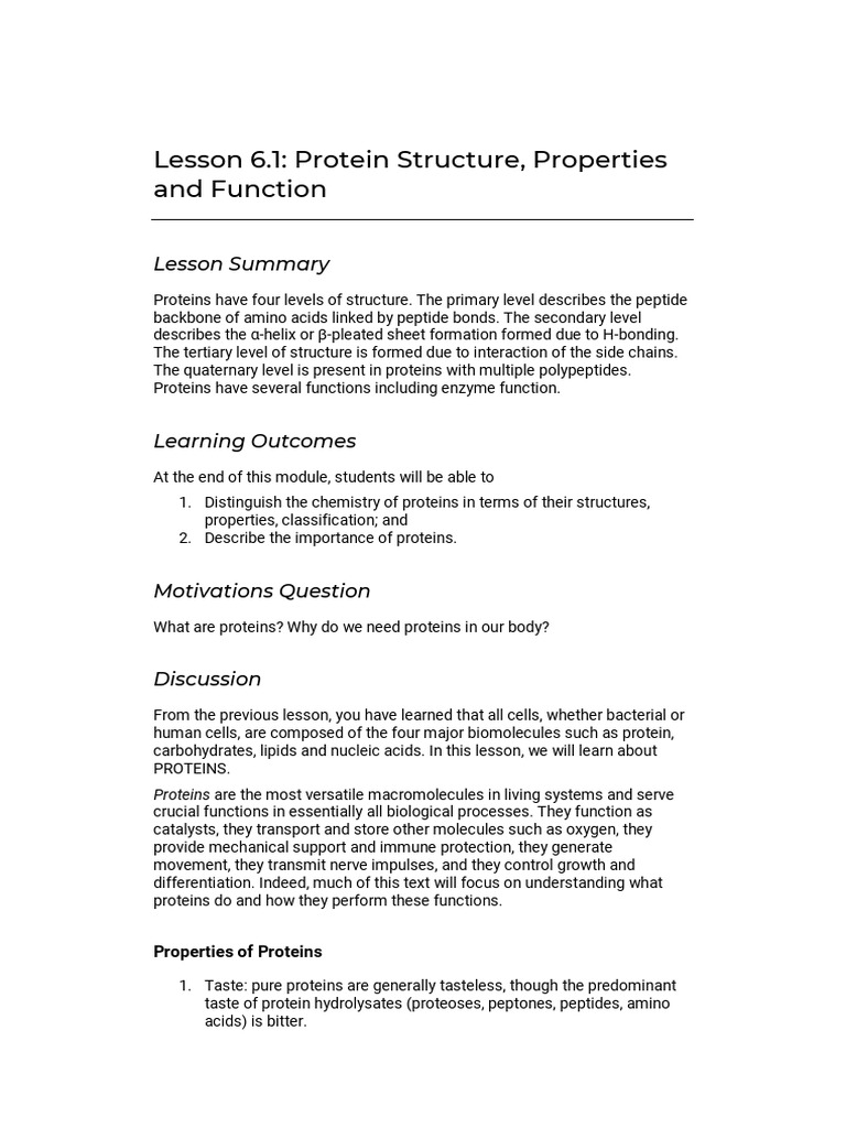 Lesson 6.1. Protein Structure and Function | PDF | Protein Structure ...