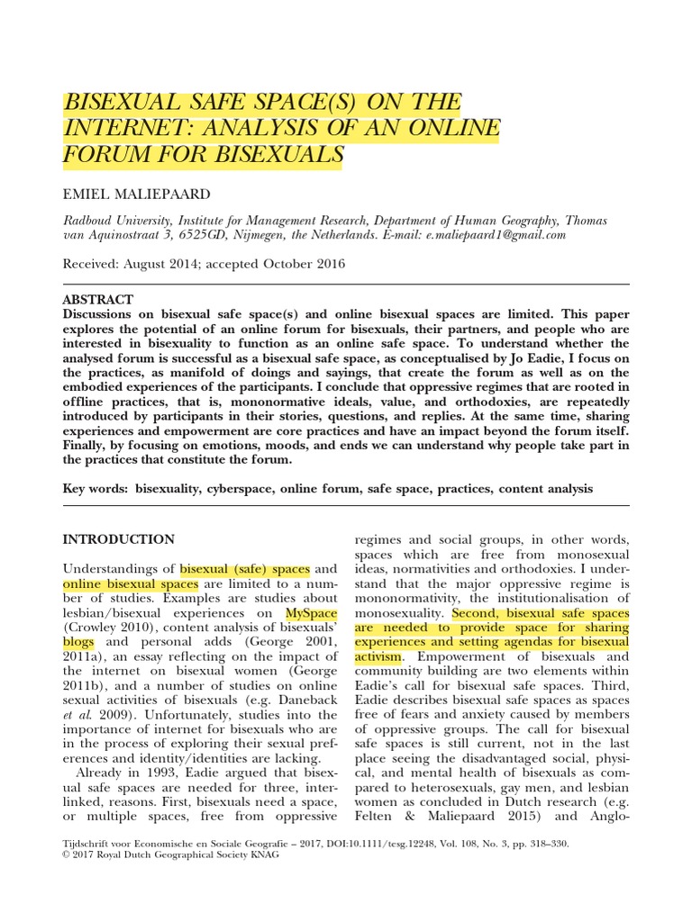 Maliepaard, E. (2017). Bisexual Safe Space(s) on the Internet Analysis of an Online Forum for ...