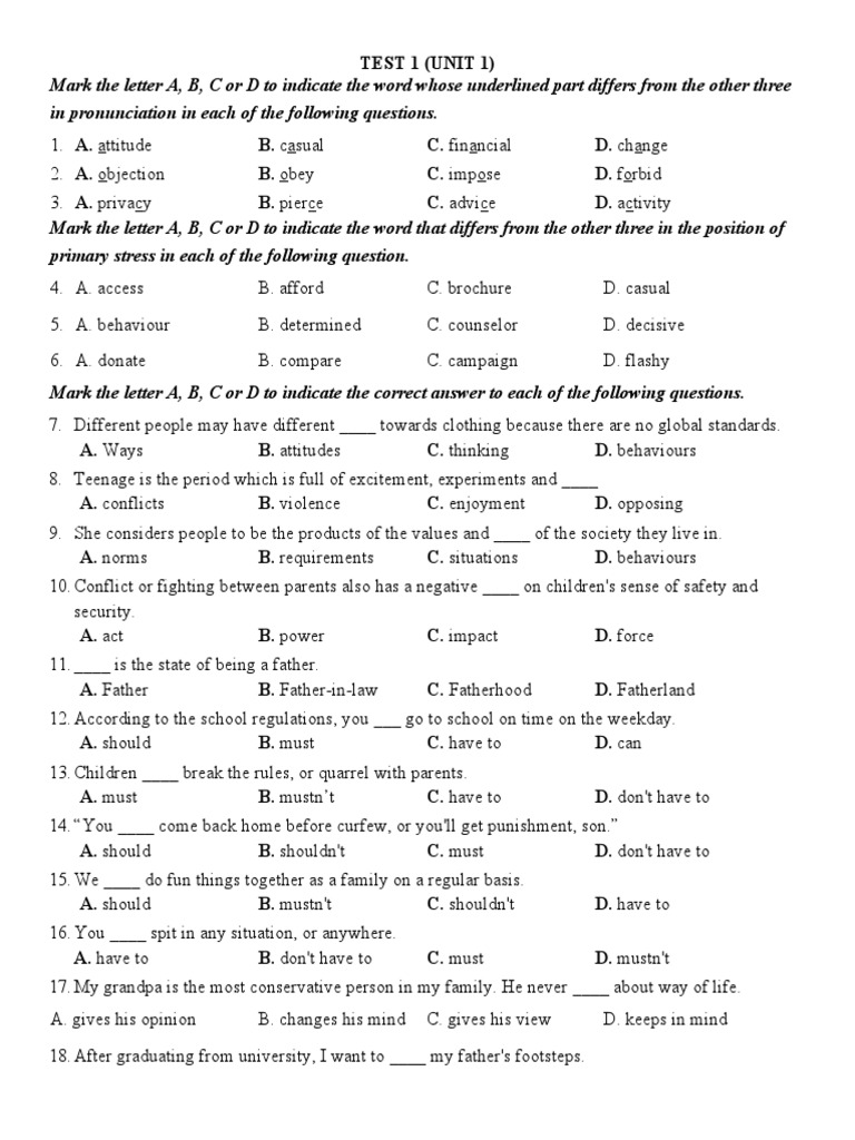 TEST 1,2 Unit1,2 | PDF | Adolescence | Friendship