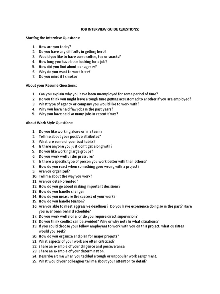 Guide Interview Questions For Job Applicants Pdf Experience Job Interview