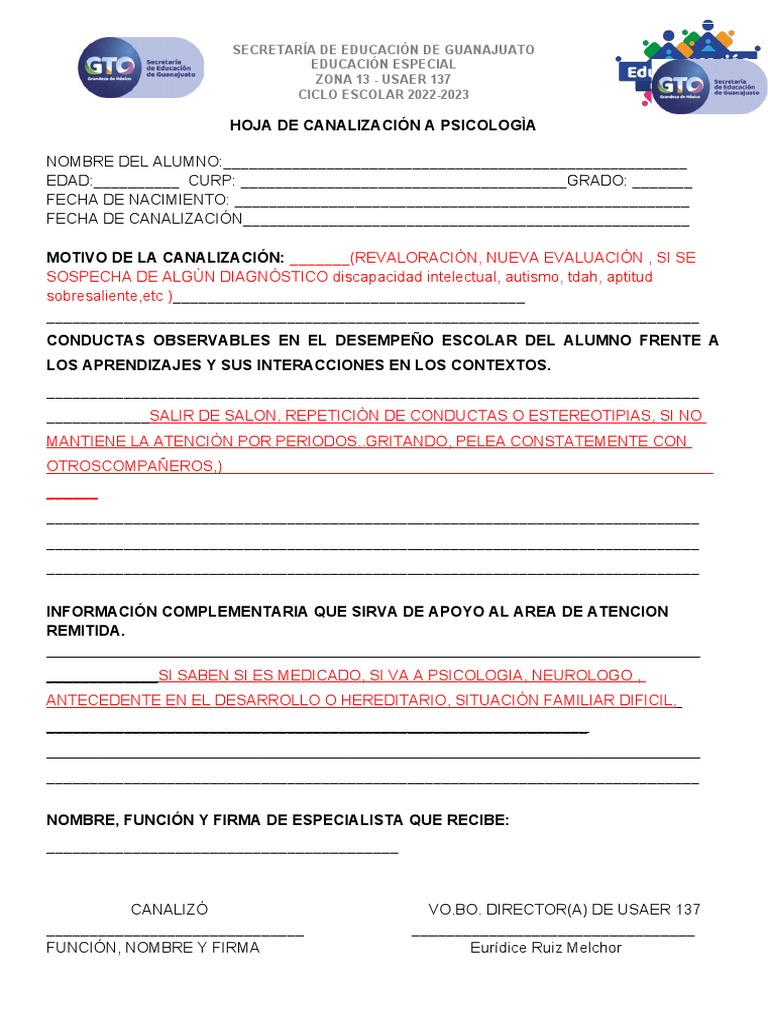 Formato Hoja de Canalizacion Psicologia | PDF