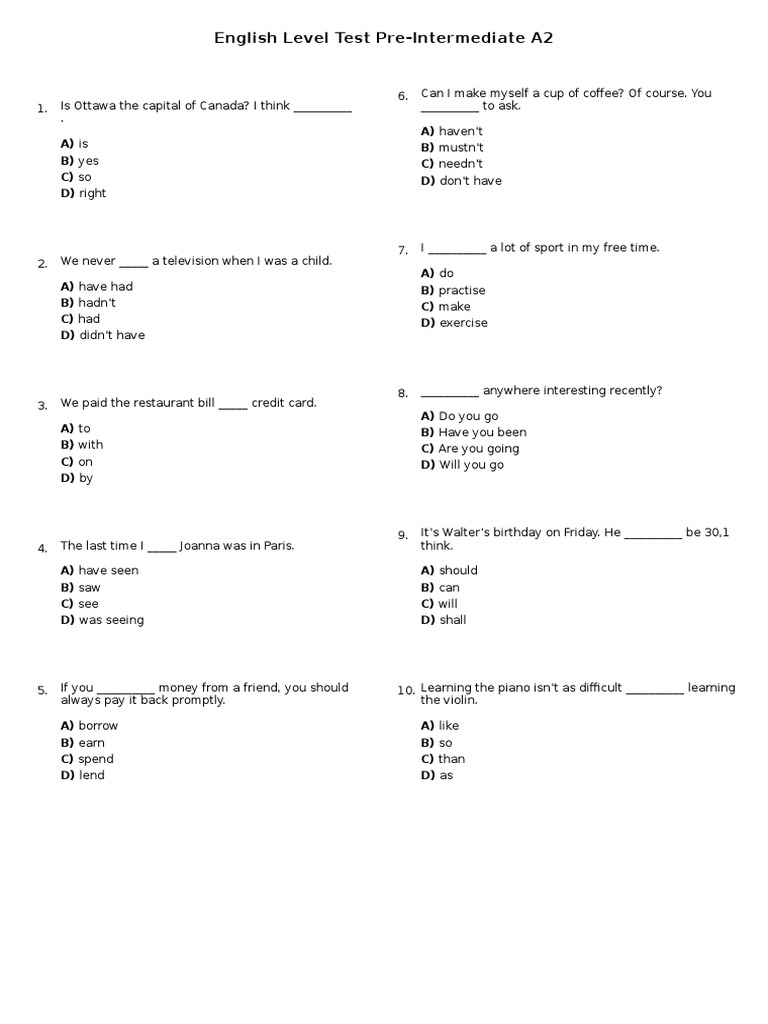 Pre Intermediate Test | PDF