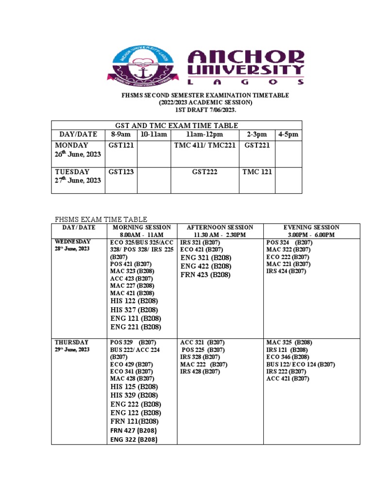 Fhsms 1st Draft 2nd Semester Examination Timetable - 2022 - 2023 | PDF ...
