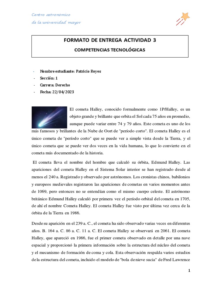 Trabajo Sobre El Cometa Halley | PDF | Cometa | Cielo