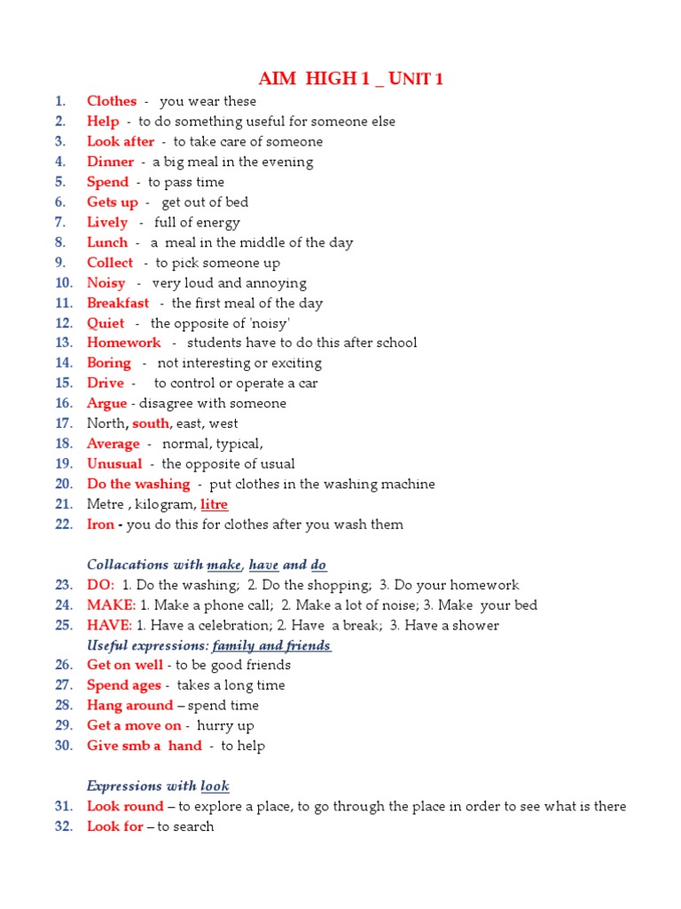 Aim High 1 Vocabulary Units 1-4 | PDF | Meal | Lunch