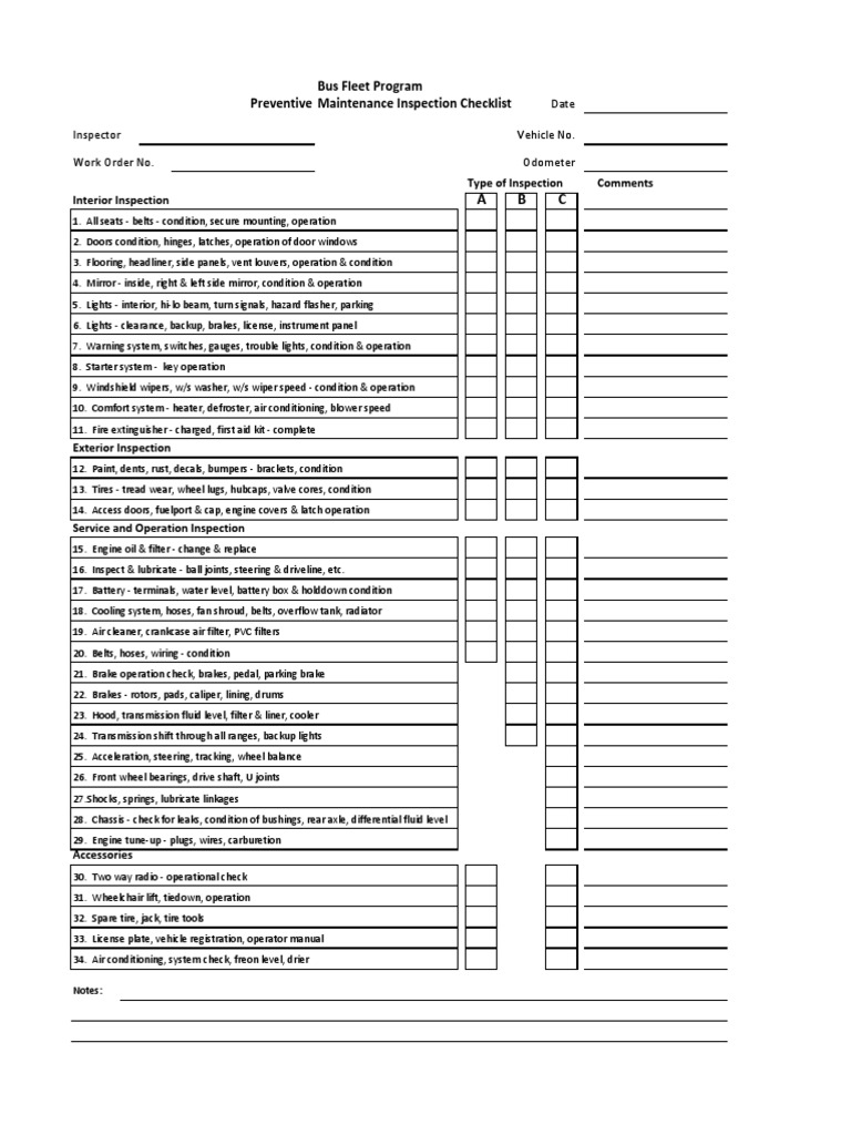 Bus Fleet Program Preventive Maintenance Inspection Checklist | PDF | Brake | Vehicle Technology