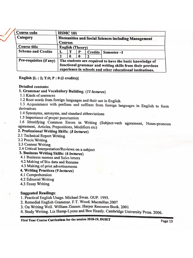 HSMC-101, Syllabus (English) | PDF