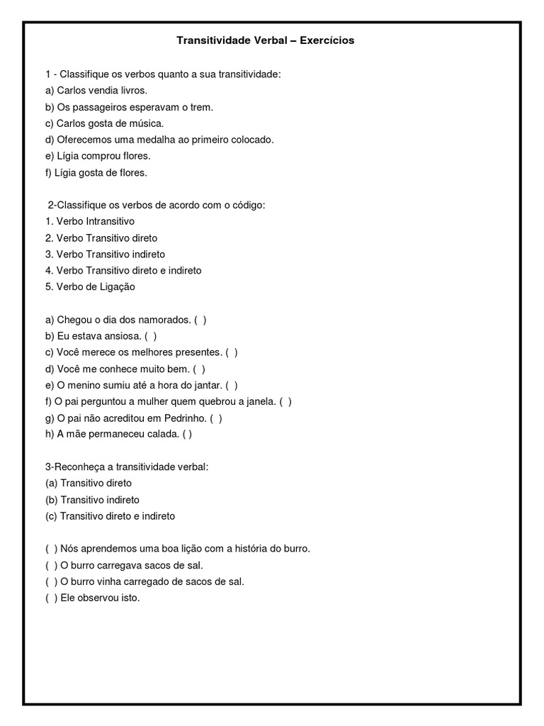 Transitividade Verbal Com Gabarito Pdf