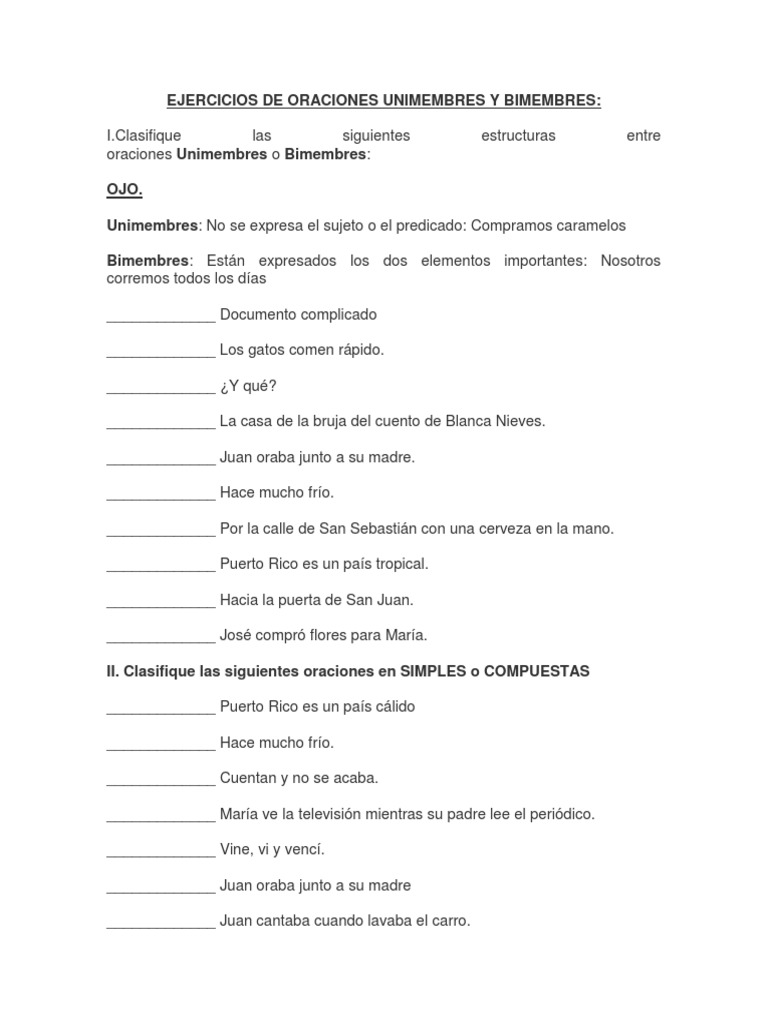 Oraciones Unimembres y Bimembres | PDF