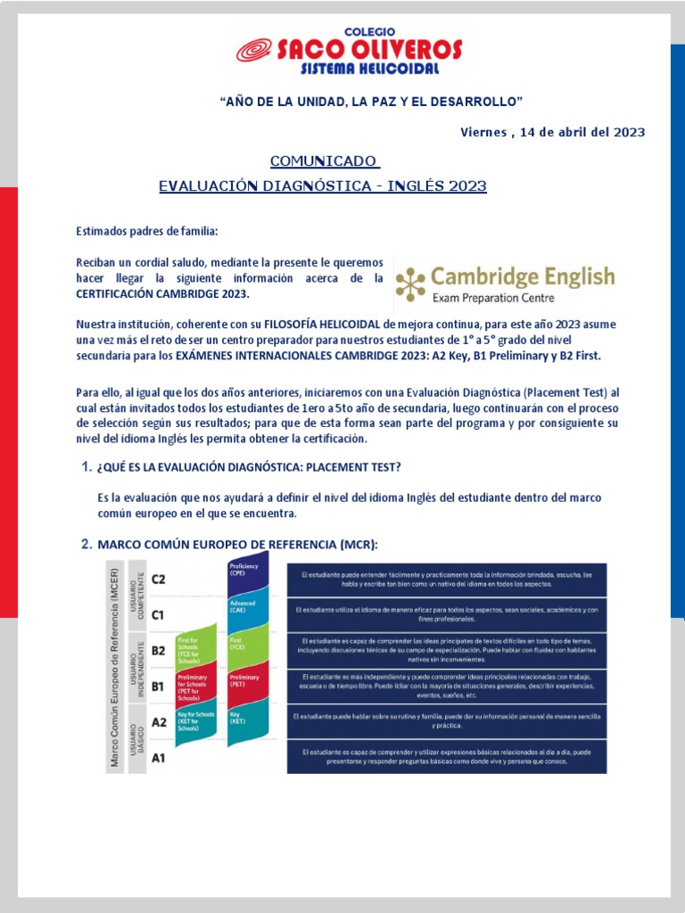 COMUNICADO EVALUACIÓN DIAGNÓSTICA INGLÉS | PDF