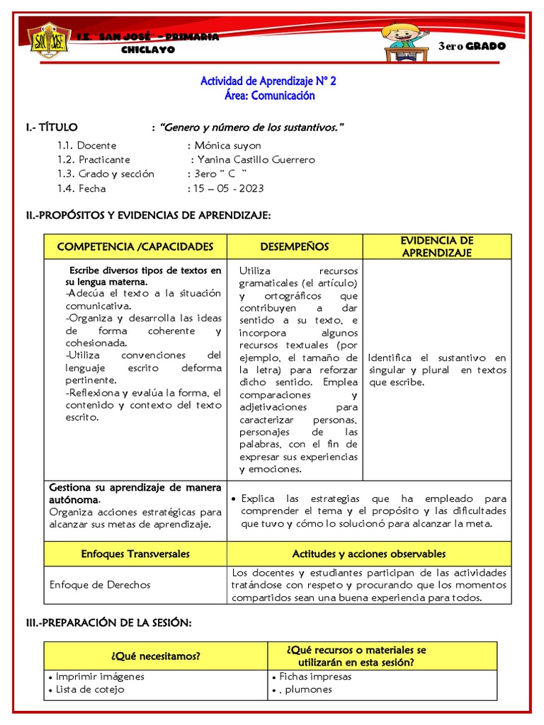 Sesion Del Sustantivo 3 Grado | PDF | Aprendizaje | Sustantivo
