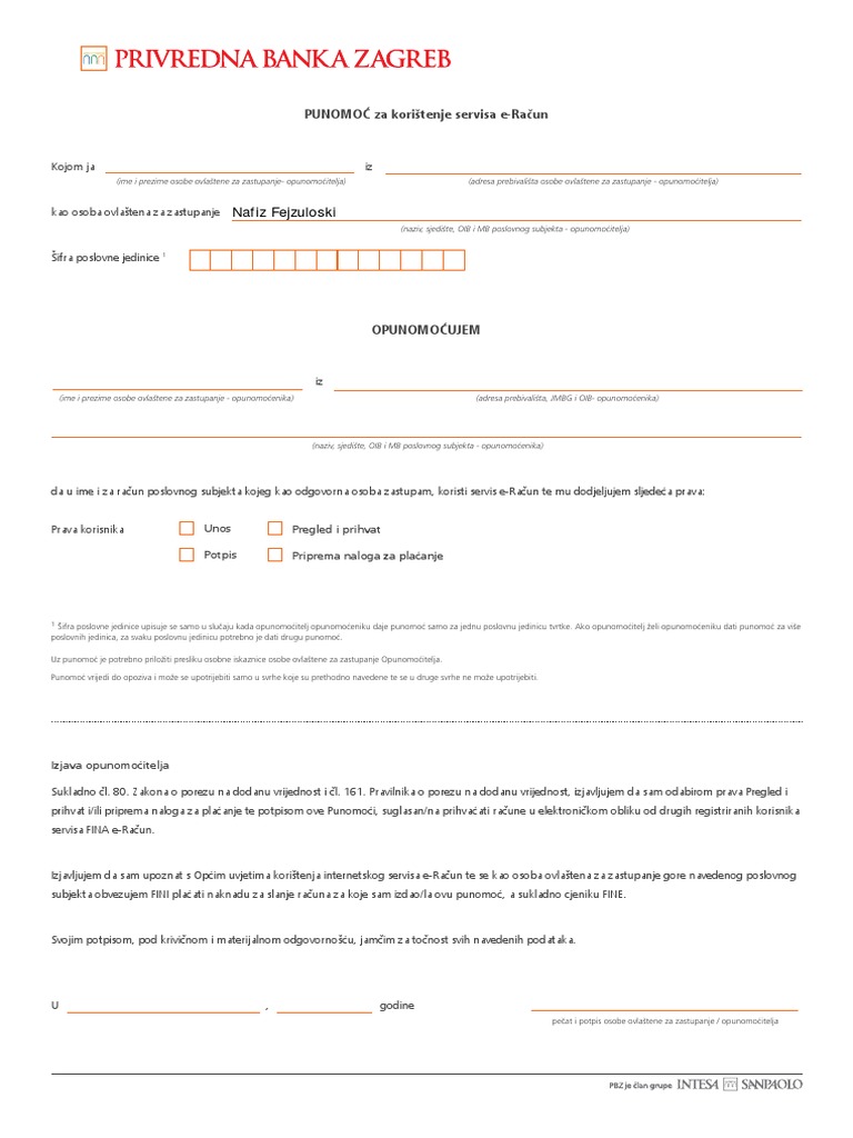 PBZ Punomoc - e Racun | PDF