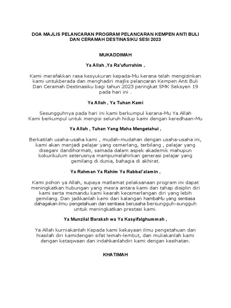 Doa Majlis Pelancaran Program Pelancaran Kempen Anti Buli Dan Ceramah ...