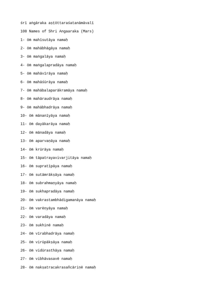 108 Names of Angaraka (MARS) in Vedic Astrology | PDF