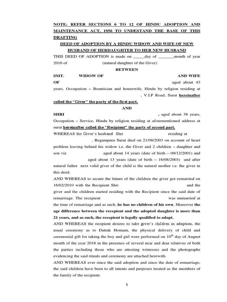 Adoption Deed - English Format | PDF | Private Law | Family