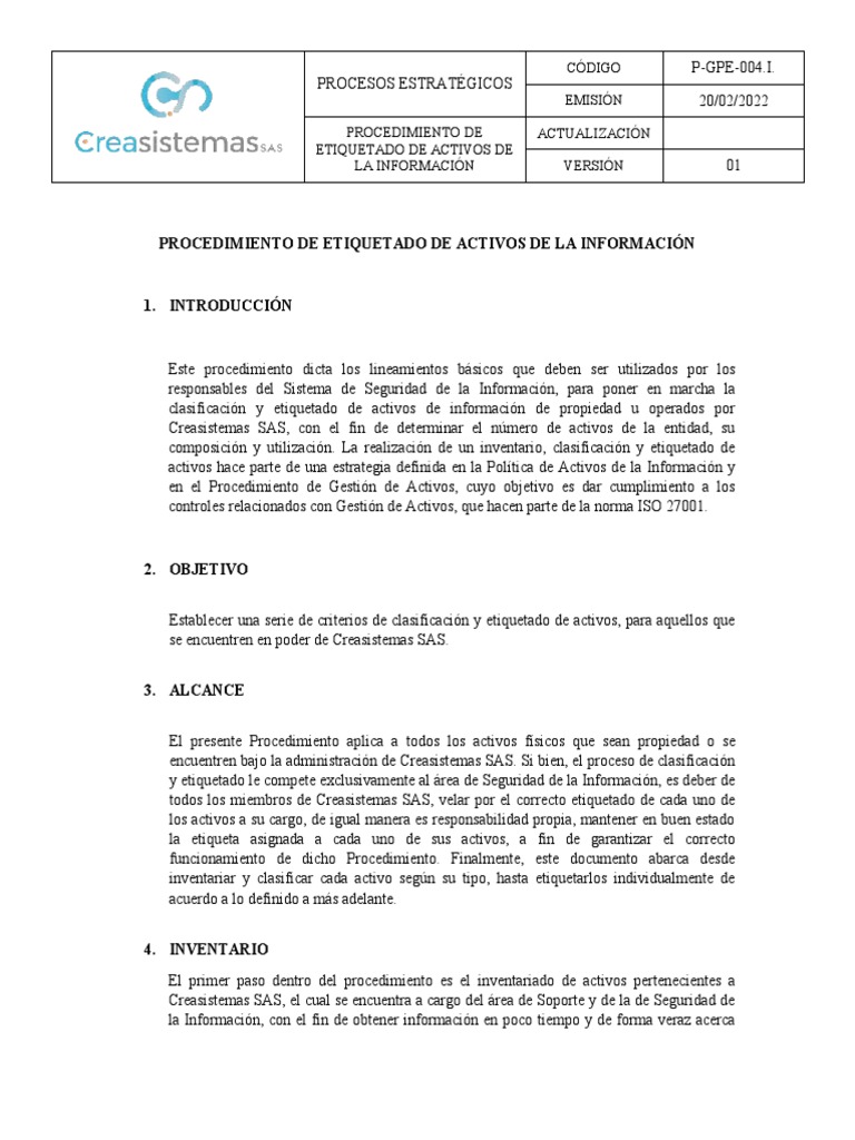 Procedimiento de Etiquetado de Activos de La Información | PDF ...