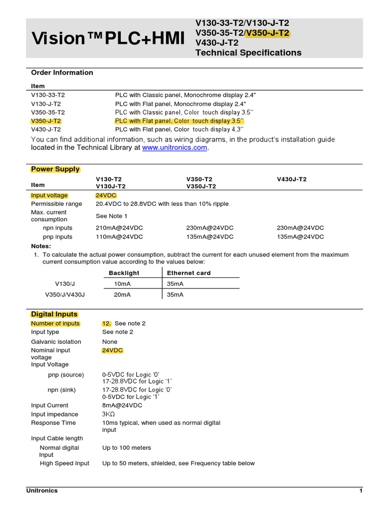 Vision PLC+HMI (V350-J-T2) - Unitronics - Tech-Spec - EN | PDF | Thin ...