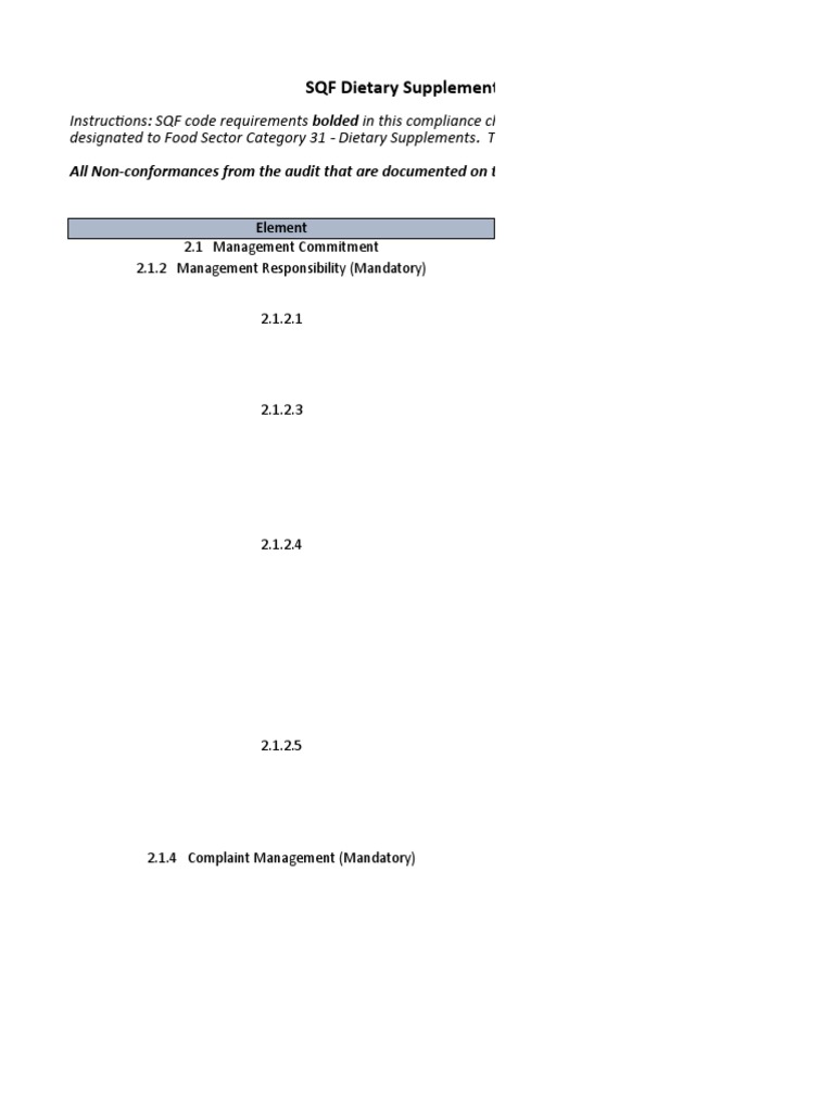 SQF Dietary Supplement Compliance Checklist | PDF | Food Safety ...