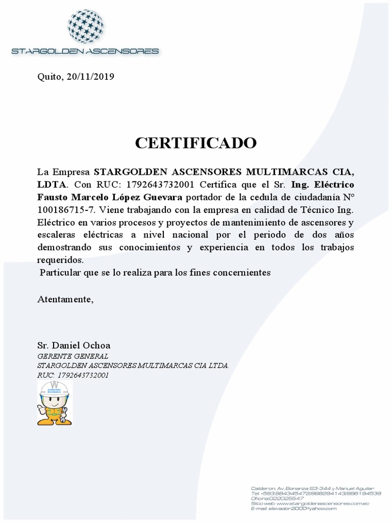 Certificado Ascensores Utn 2019 | PDF