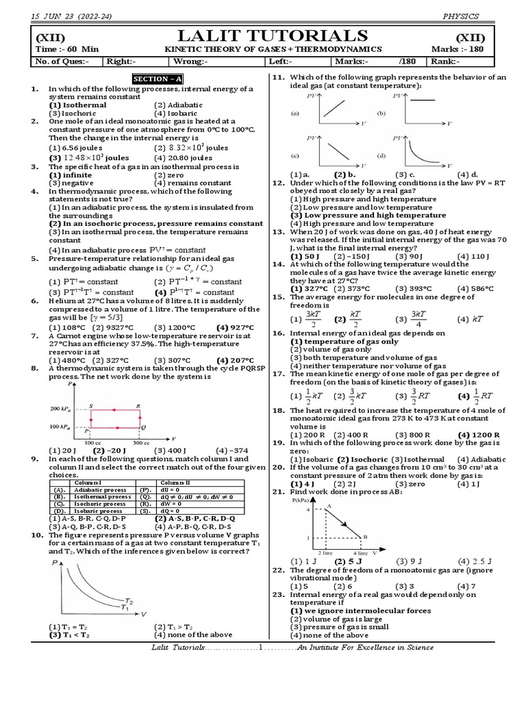 Kinetic Theory of Gases +thermodynamics (Xii 2022-24) (Ans) 15 06 23 ...