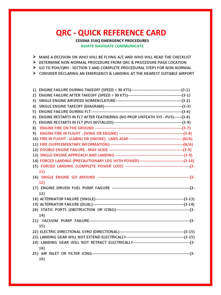 Cessna 310Q QRH Contents | PDF | Turbine Engine Failure | Landing Gear