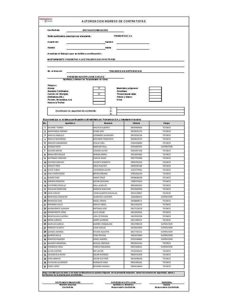 Formato Autorizacion Ingreso Contratistas | PDF