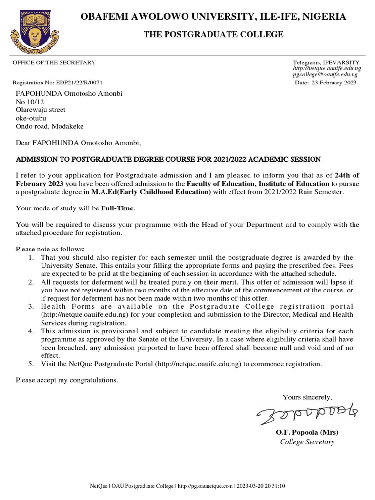 OAU Postgraduate Admission Offer 2023 | PDF