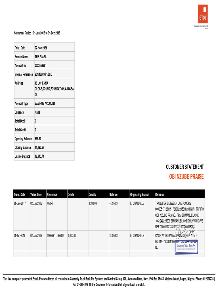 Obi Nzube Praise: Customer Statement | PDF | Automated Teller Machine | Payments