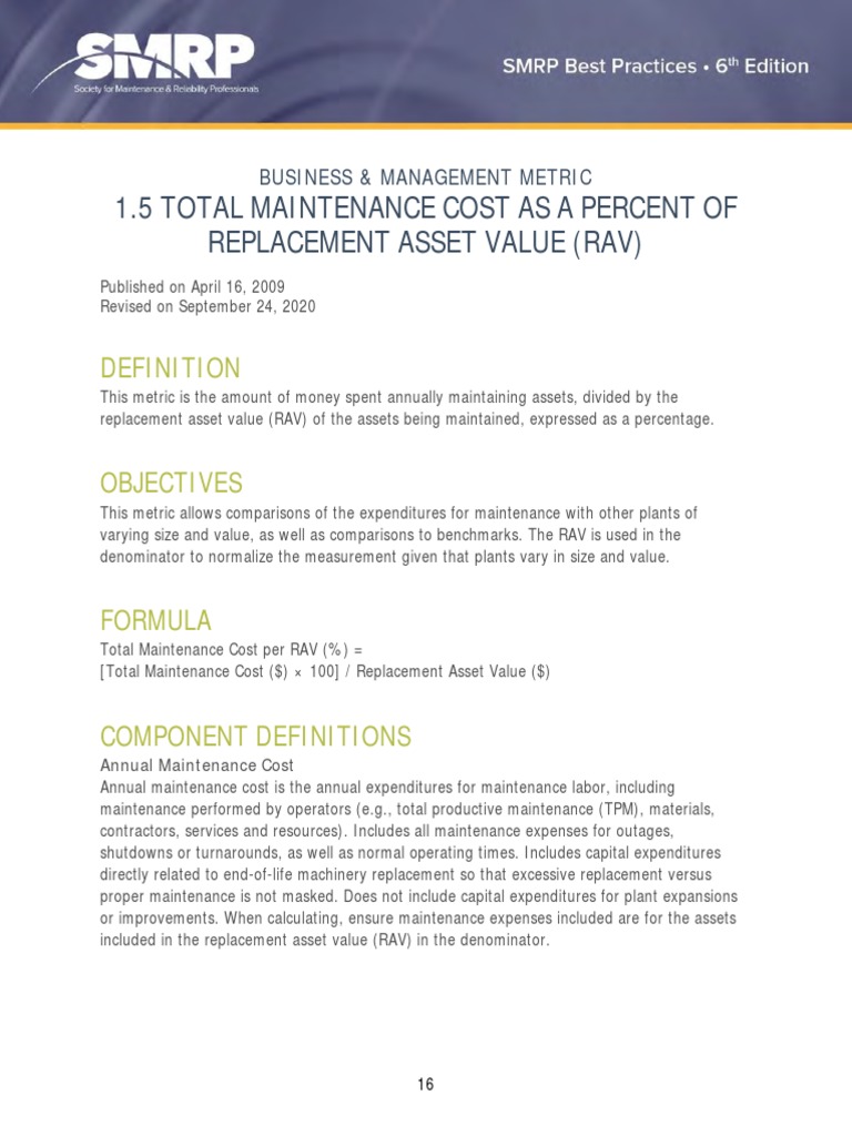 1.5 Total Maintenance Cost As A Percent of Replacement Asset Value (Rav) | PDF | Expense | Cost