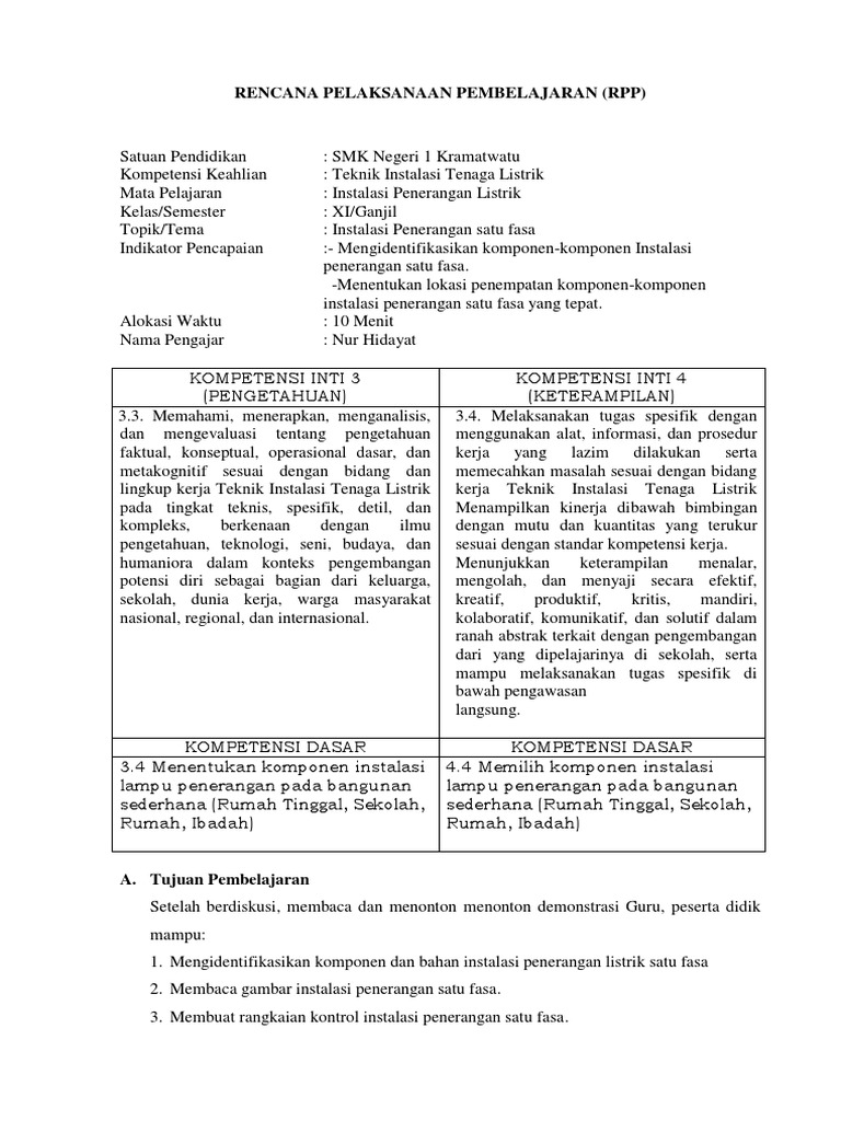 RPP Instalasi Penerangan Listrik Kelas Xi Titl | PDF
