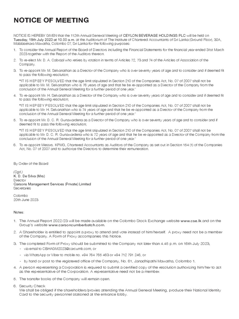 Ceylon Beverage AGM Notice 2023 | PDF | Proxy Voting | Justice