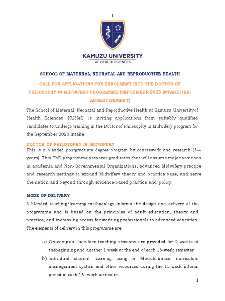 Call For Applications For PHD in Midwifery September 2023 Intake 6.6.23 ...