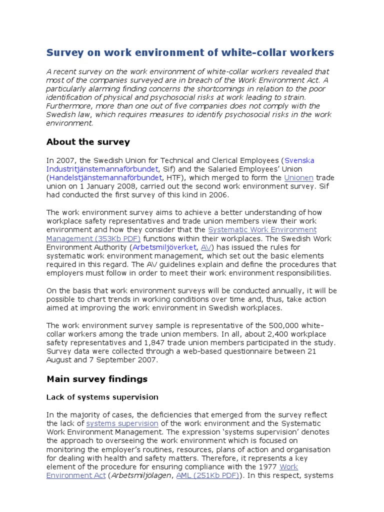 Survey on Work Environment | Occupational Safety And Health | Survey ...