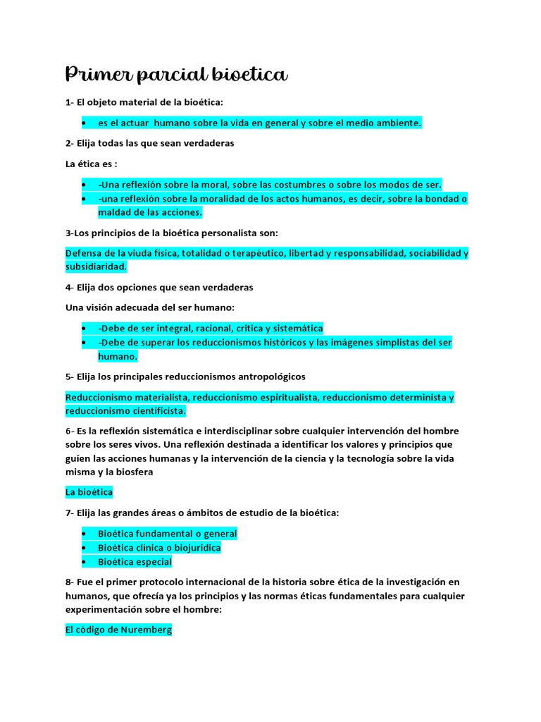 Primer Parcial Bioetica | PDF | Bioética | Moralidad