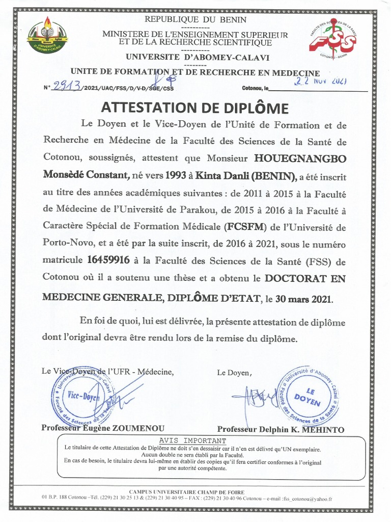Attestation Du Diplôme de Doctorat de La Médecine Générale | PDF