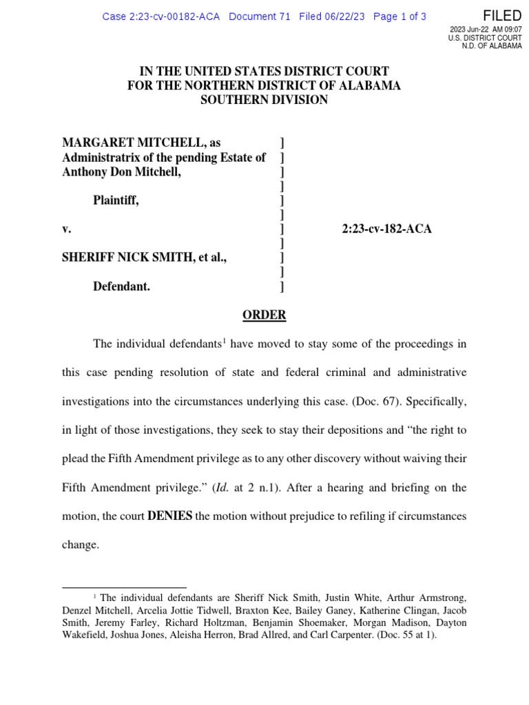Mitchell V Smith Stay Denied | PDF | Discovery (Law) | Deposition (Law)