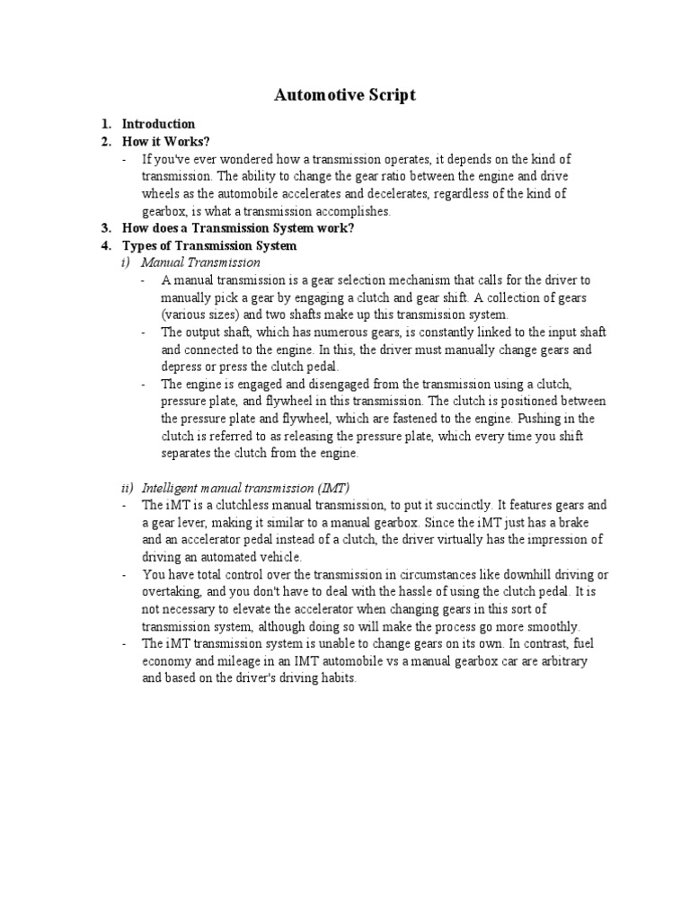 Automotive Script | PDF | Manual Transmission | Clutch