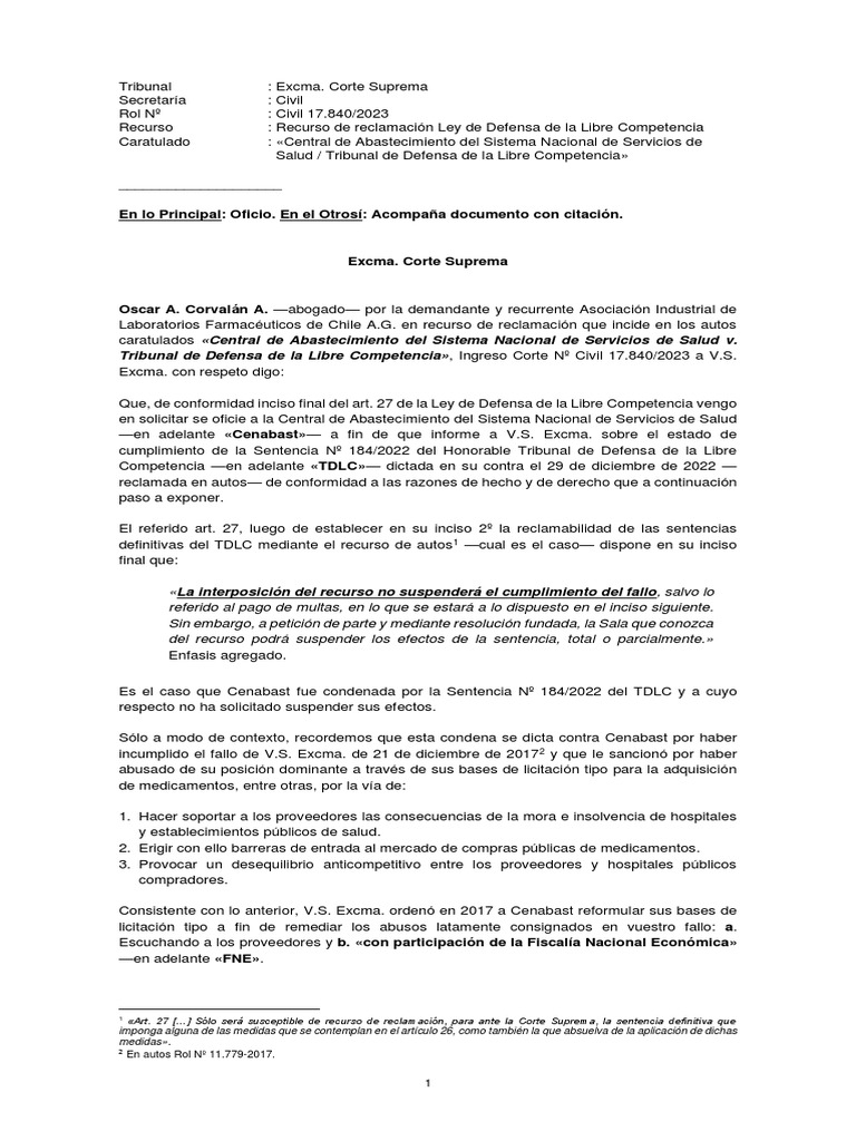Oficio. Acompaña Documentos. Excma. CS | PDF | Sentencia (ley) | Gobierno