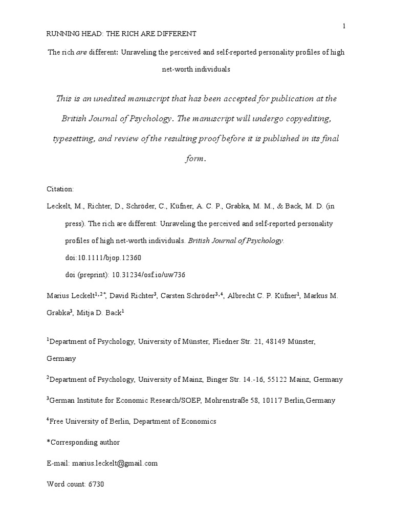 Leckelt Et Al. The Rich Are Different | PDF | Extraversion And Introversion | Stereotypes