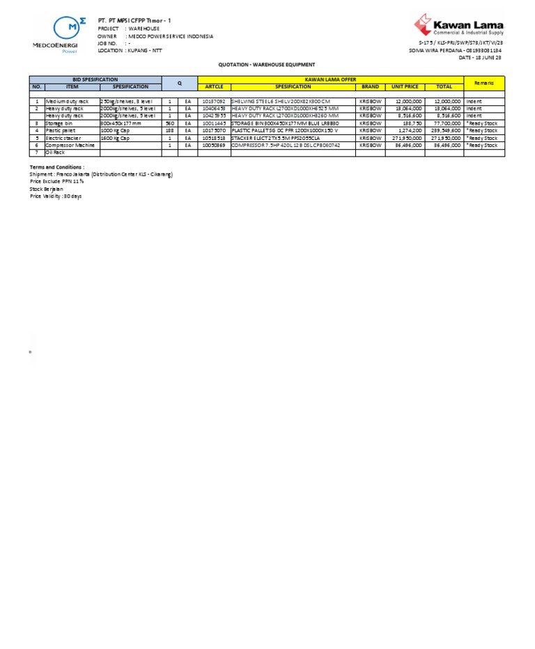 Quotation - Warehouse MPI - KLS (1) | PDF | Warehouse | Business ...