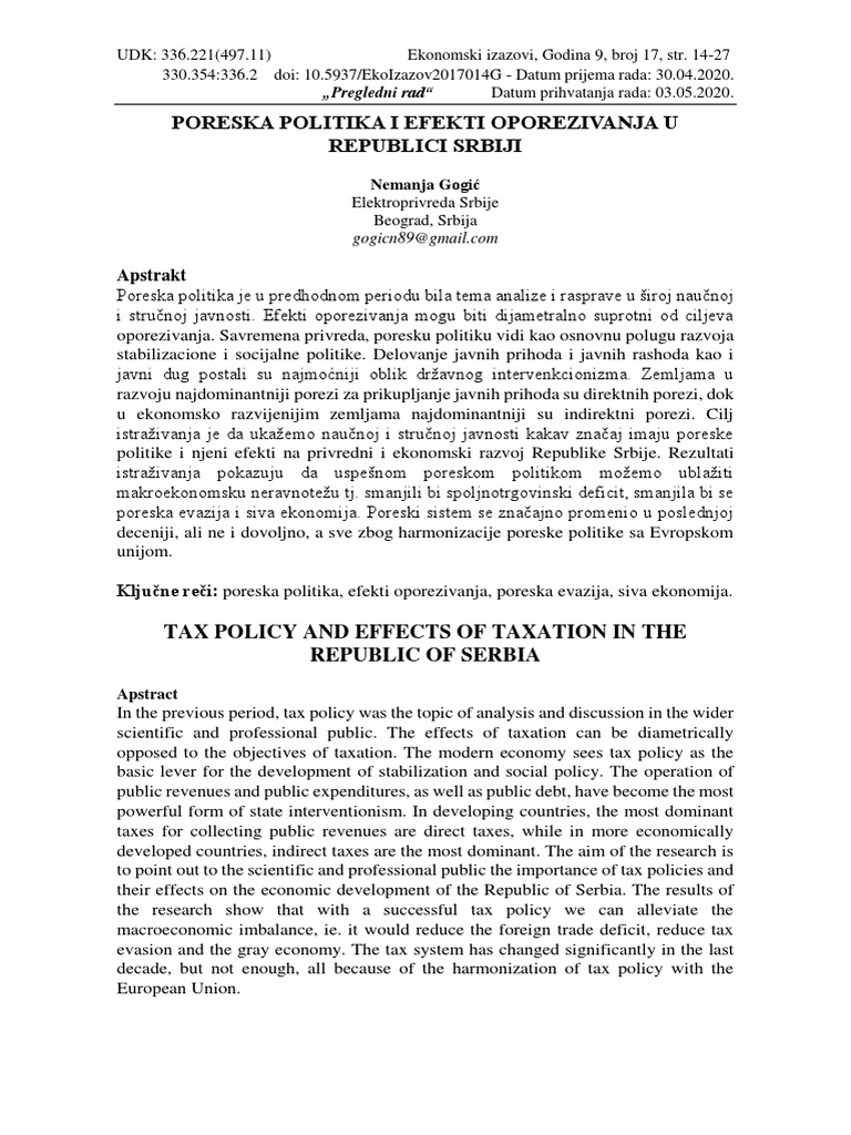 Poreska Politika I Efekti Oporezivanja U Republici Srbiji | PDF
