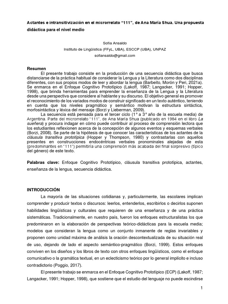 Actantes e Intransitivización en El Microrrelato "111", de Ana María ...