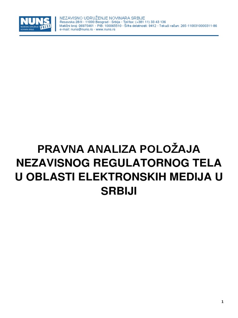 PRAVNA-ANALIZA-POLOZAJA-NEZAVISNOG-REGULATORNOG-TELA-U-OBLASTI-ELEKTRONSKIH-MEDIJA-U-SRBIJI | PDF