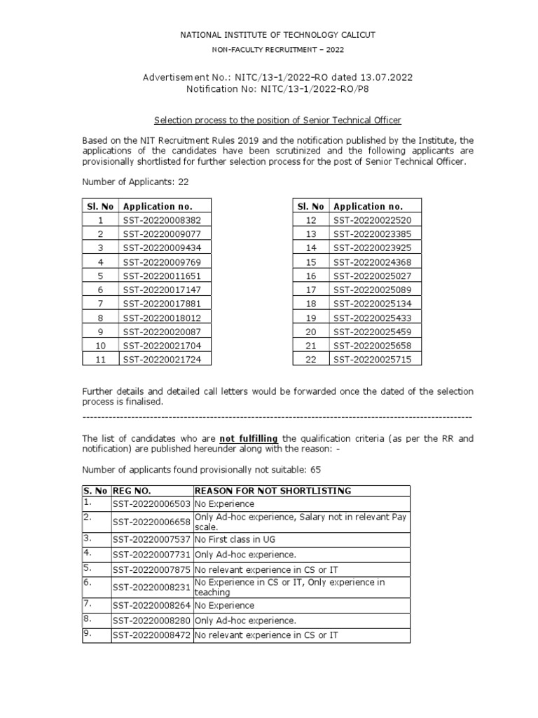 Non Faculty Recruitment - Senior Technical Officer Information On ...